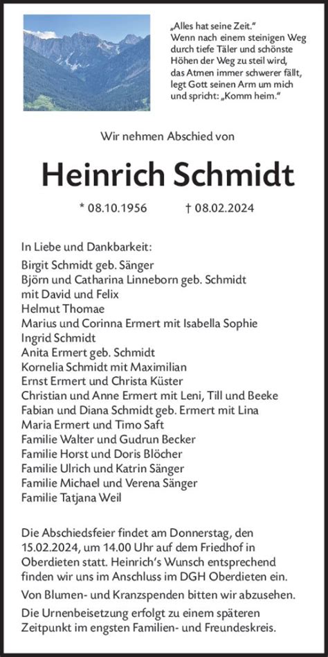 Traueranzeigen Von Heinrich Schmidt Vrm Trauer De