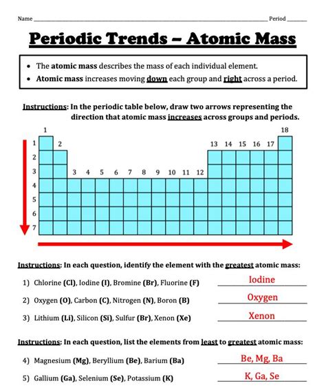 Periodic Table Trends Answer Sheet