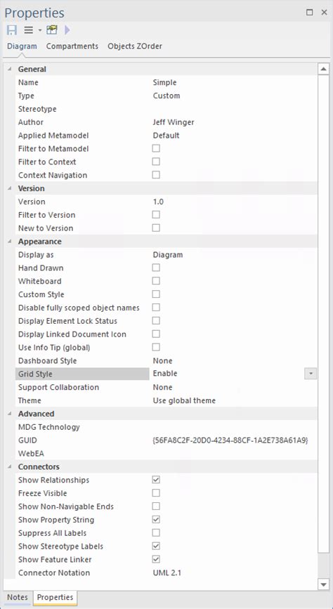 Properties Window For Diagrams Enterprise Architect User Guide