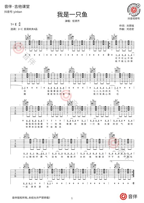 我是一只鱼吉他谱 任贤齐 C调拍弦版高清弹唱谱视频教学讲解 音伴