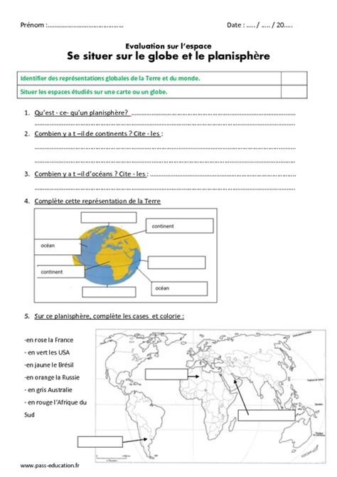 Se situer sur le globe et le planisphère Ce2 Evaluation Pass