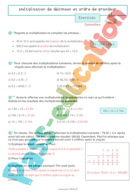 Multiplication de décimaux et ordre de grandeur Exercices de nombres