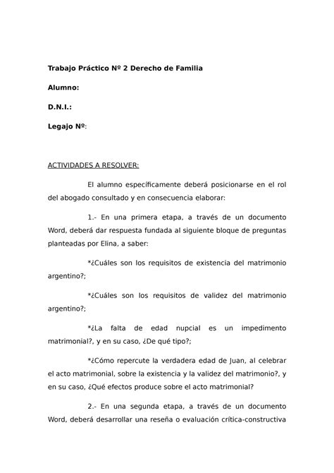TP 2 Familia Trabajo Práctico Nº 2 Derecho de Familia Alumno D N