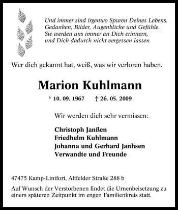 Traueranzeigen Von Marion Kuhlmann Trauer In Nrw De