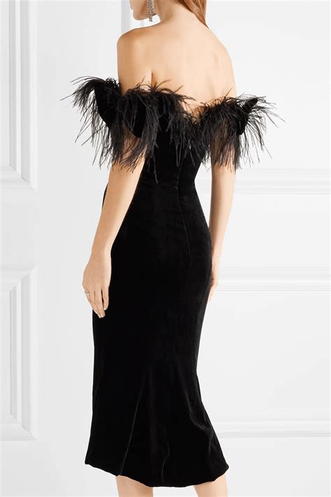 Marchesa Off The Shoulder Feather Trimmed Velvet Midi Dress In Black Lyst