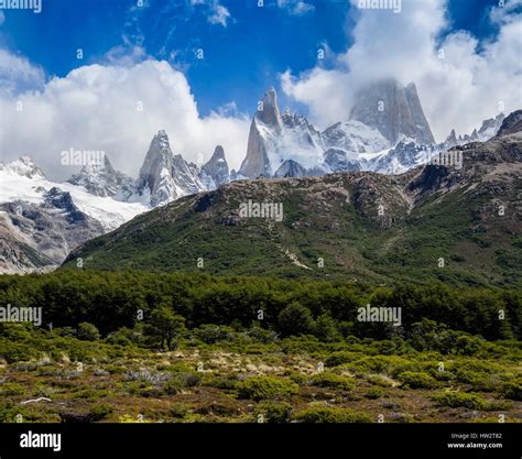 View Towards Famous Fitz Roy Mountain Range Path On Hill In Middle