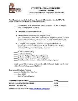 Fillable Online Webservices Ulm STUDENT PAYROLL CHECKLIST Graduate