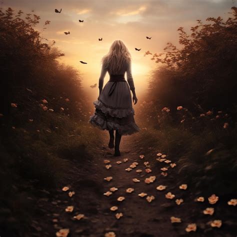 Premium AI Image There Is A Woman Walking Down A Path With Flowers In