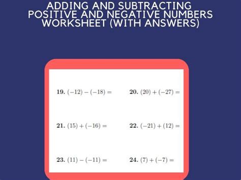 adding and subtracting positive and negative numbers worksheet with answers teaching resources