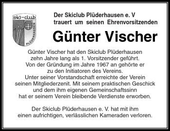 Traueranzeigen von Günter Vischer ZVW Trauer