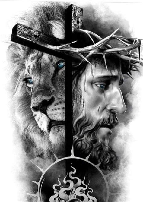 The Face Of Jesus And A Lion With A Cross On It S Head In Black And White
