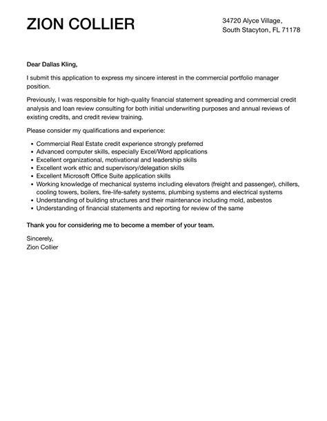 Commercial Portfolio Manager Cover Letter Velvet Jobs