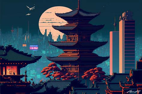 Japan Cityscape At Night Pixel Art Gr Fico Por Alone Art Creative Fabrica