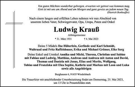 Traueranzeigen von Ludwig Krauß trauer flz de
