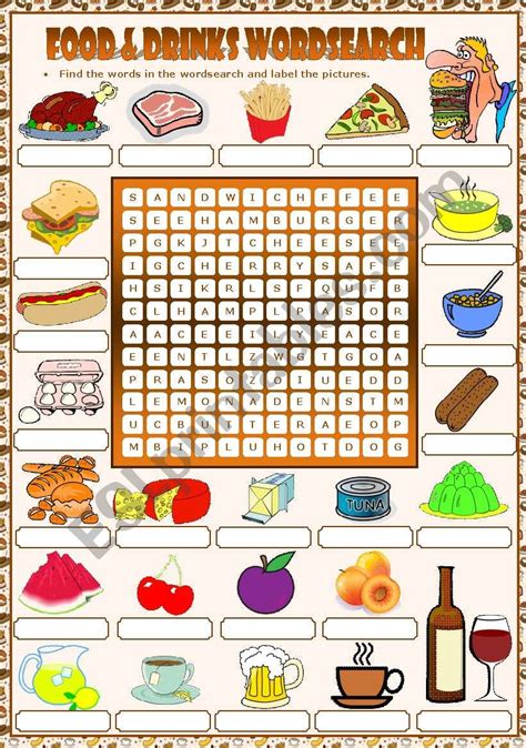 Food Drinks Wordsearch ESL Worksheet By Mariaolimpia