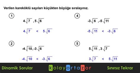 Kareköklü Sayılarda Sıralama 8 Sınıf Orta Seviye