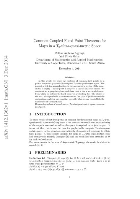 pdf common coupled fixed point theorems for maps in a t 0 ultra quasi metric space