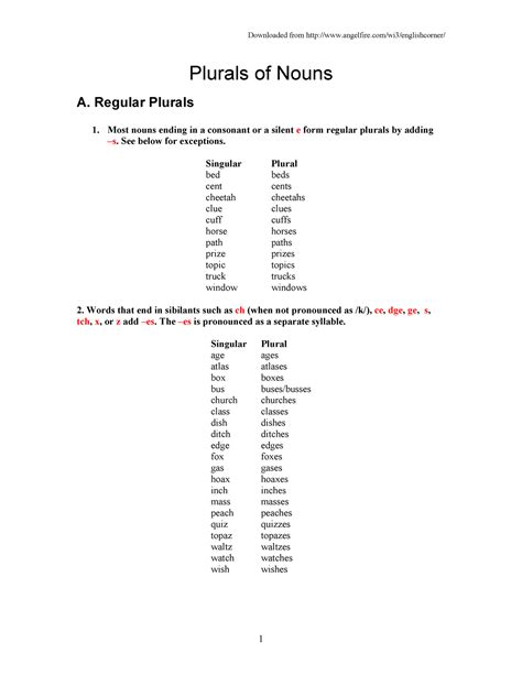 Irregular Plural Nouns Note Plurals Of Nouns A Regular Plurals 1