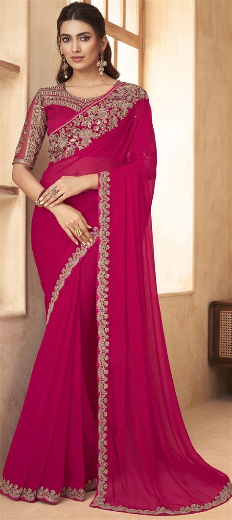 Festive Reception Wedding Pink And Majenta Color Chiffon Georgette
