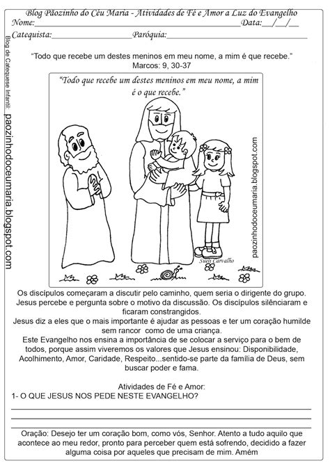 Pãozinho do Céu Atividades de Catequese Evangelho Marcos 9 30 37