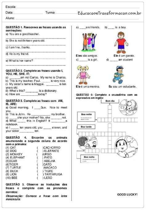 Atividades De Ingles Pronomes Pessoais Gabarito EDUCA