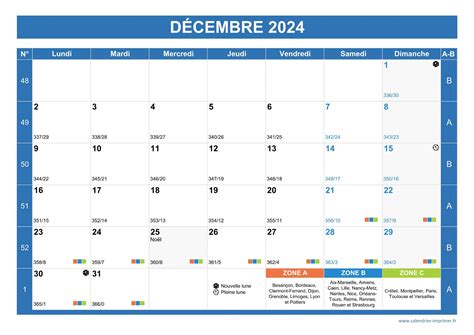 Calendrier Décembre 2024 à imprimer