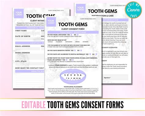Tooth Gem Consent Forms Lilac Tooth Gems Consultation Lilac Etsy Finland