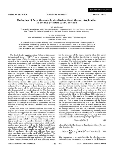 pdf derivation of force theorems in density functional theory application to the full