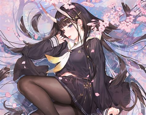 Anthropomorphism Atdan Azur Lane Black Hair Blush Cherry Blossoms Cropped Demon Flowers Horns