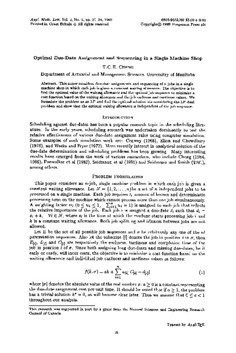 pdf optimal due date assignment and sequencing in a single machine shop t c e cheng