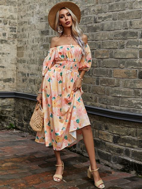SHEIN VCAY Allover Floral Print Off Shoulder Dress Without Belt SHEIN USA