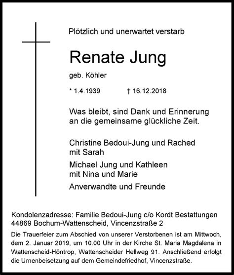 Traueranzeigen Von Renate Jung Trauer In NRW De