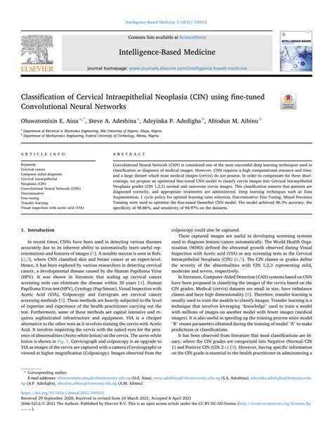 pdf classification of cervical intraepithelial neoplasia cin using fine tuned convolutional