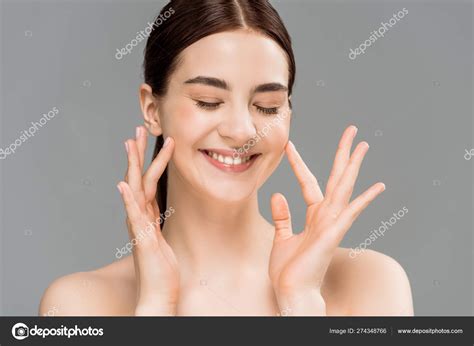 Happy Naked Woman Closed Eyes Touching Cheeks Isolated Grey Stock Photo