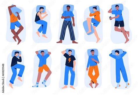Set Of Multiracial Sleeping Men Men Lie In Various Poses During Dream