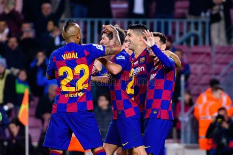 Barcelona Players Celebrate A Goal At The La Liga Match Between FC