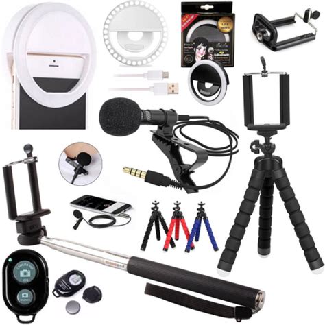Kit Mini Tripé Microfone de Lapela Anel Luz Bastão Selfie Celular Insta