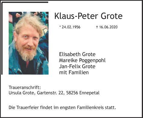 Traueranzeigen Von Klaus Peter Grote Trauer In NRW De