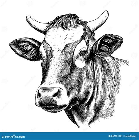 Farm Cow Head Sketch Hand Drawn Line Art Engraving Stock Vector