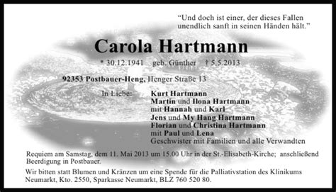 Traueranzeigen Von Postbauer Heng Carola Hartmann Mittelbayerische Trauer