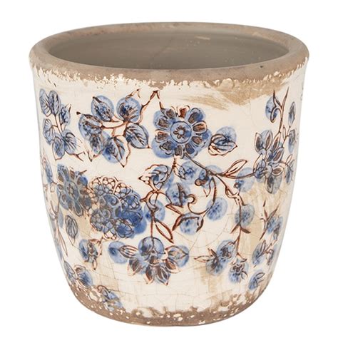 Clayre Eef Bloempot Ø 11x10 cm Beige Blauw Keramiek Bloemen