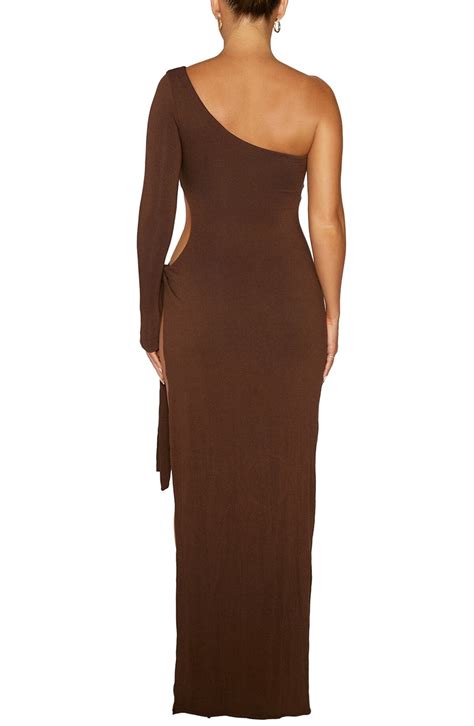 Naked Wardrobe One Shoulder Cutout Long Sleeve Dress In Chocolate At