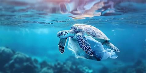 Tartaruga marinha presa em saco de plástico debaixo d água Um símbolo