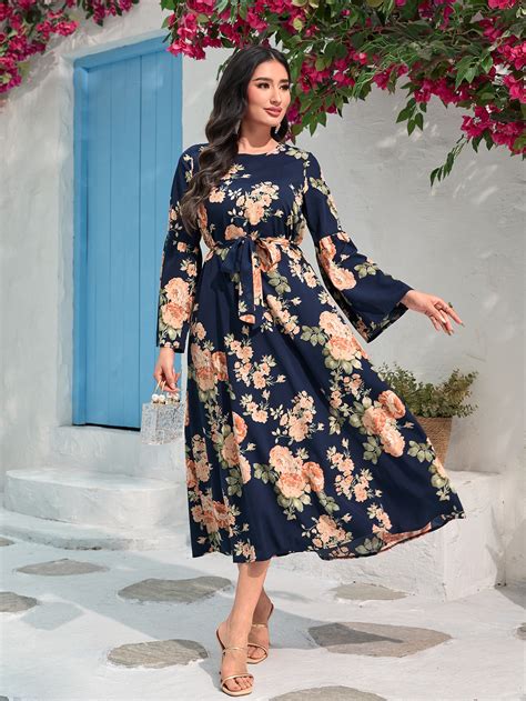 SHEIN Mulvari Floral Print Flounce Sleeve Belted Dress SHEIN UK