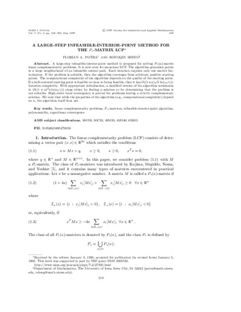 pdf a large step infeasible interior point method for the p matrix lcp florian potra