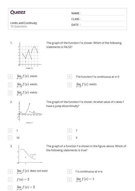 Limits And Continuity Worksheets For Th Class On Quizizz Free