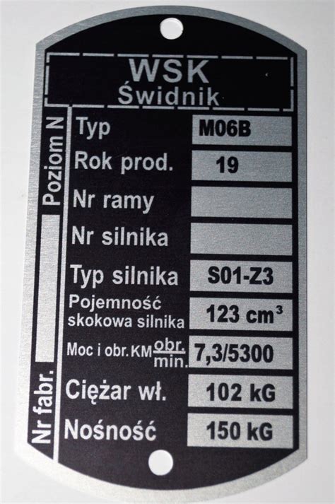 TABLICZKA ZNAMIONOWA WSK 125 M06 B3 Waga 102 9184725639 Oficjalne