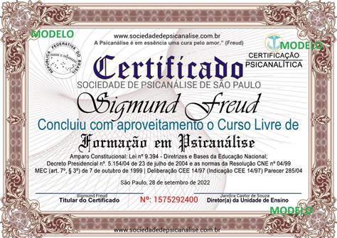 Modelo dos certificados de Psicanálise Sociedade Internacional de