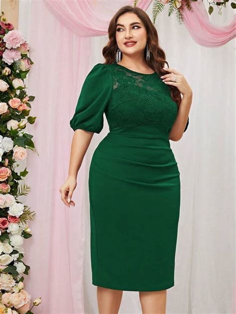 CurvySweet Plus Contrast Lace Puff Sleeve Split Back Bodycon Dress For