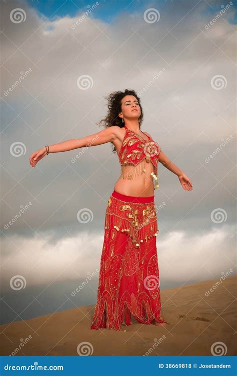 Woman Belly Dancer Arabian In Desert Dunes Stock Photo Image Of Sash